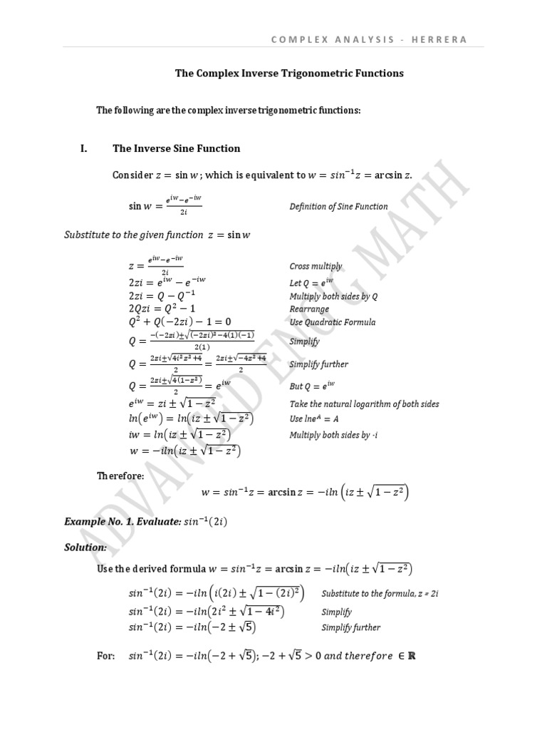 The Complex Inverse Trigonometric Functions: Substitute To The Given Function Sin | PDF ...