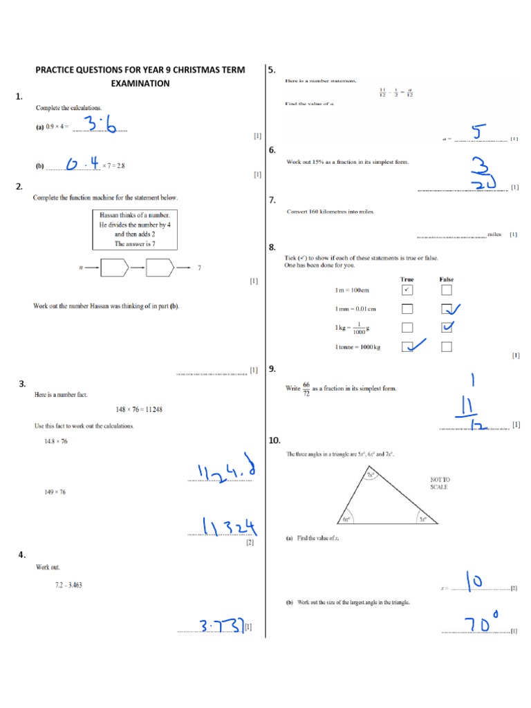 Year 9 Christmas Exam Practice Questions | PDF