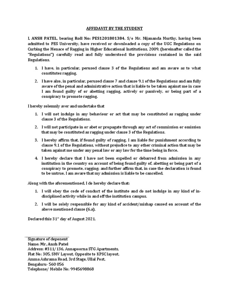 Ansh Anti Ragging AFFIDAVIT | PDF | Affidavit | Justice