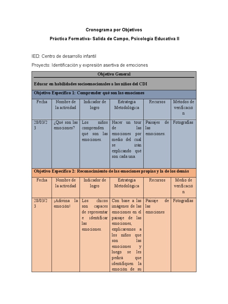 Cronograma Por Objetivos Ed 2 | PDF | Las emociones | Aprendizaje