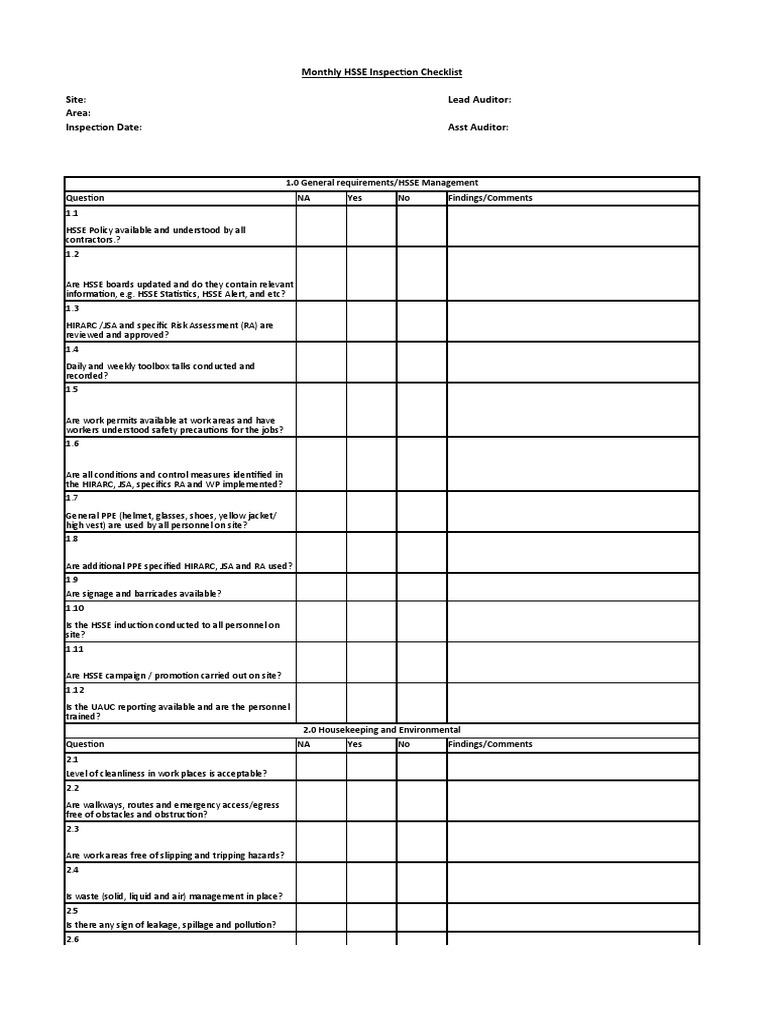 Monthly HSSE Inspection Checklist | PDF | Personal Protective Equipment ...