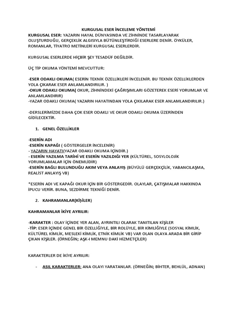 Kurgusal Eser İnceleme Yöntemi̇ 1 | PDF