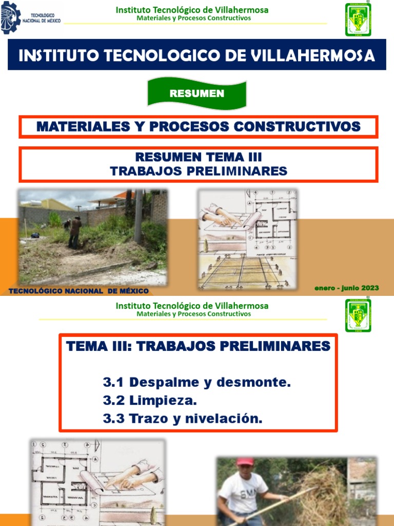 TEMA III MATERIALES Y PROCESOS CONSTRUCTIVOS Resumen Trabajos Preliminares MARZO 2023 | PDF ...