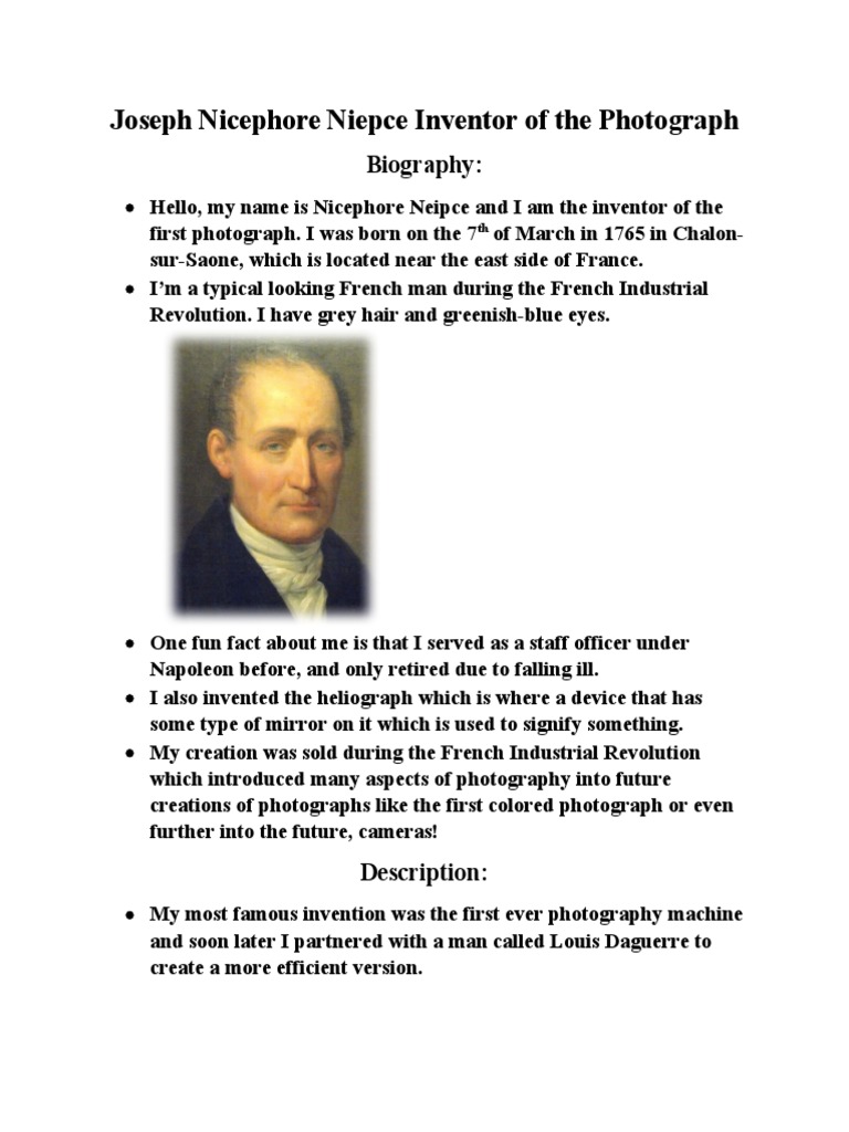 Joseph Nicephore Niepce Inventor of The Photograph: Biography | PDF ...
