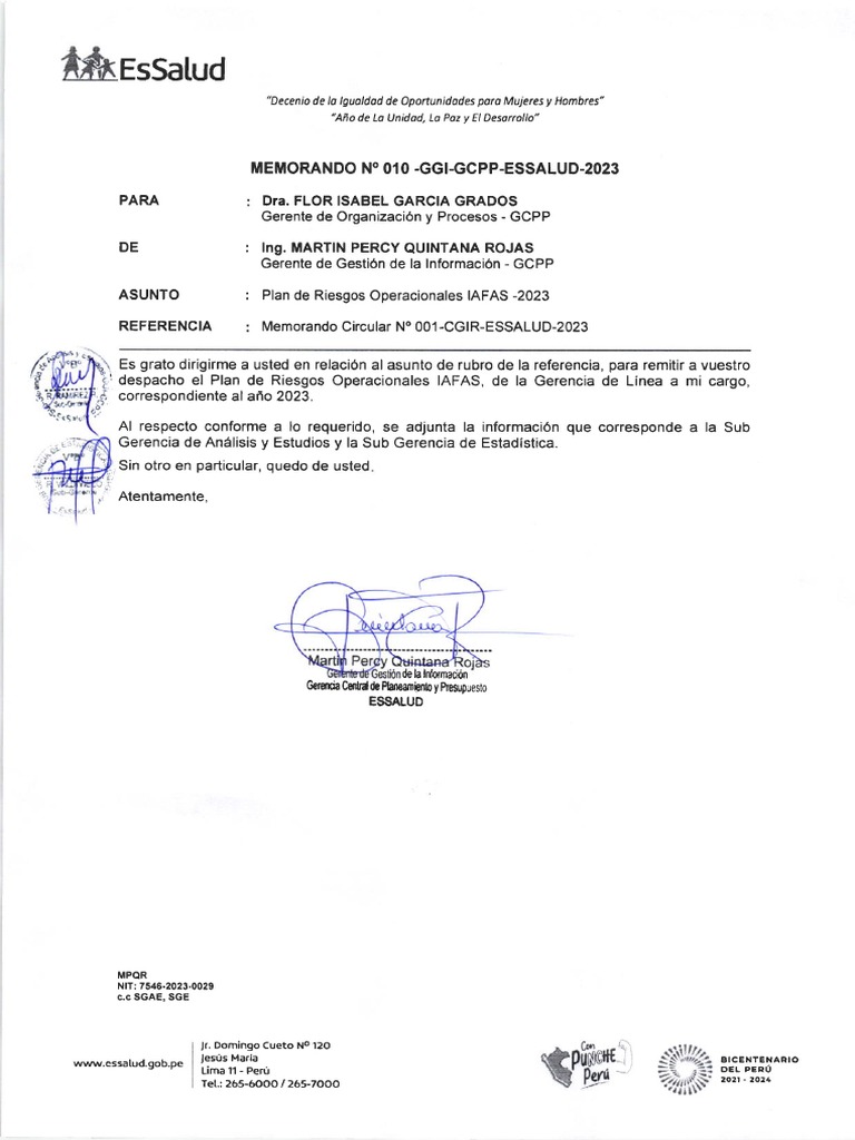 Memorando N°010-GGI-GCPP-ESSALUD-2023, Plan de Riesgos Operaciones 2023 | PDF
