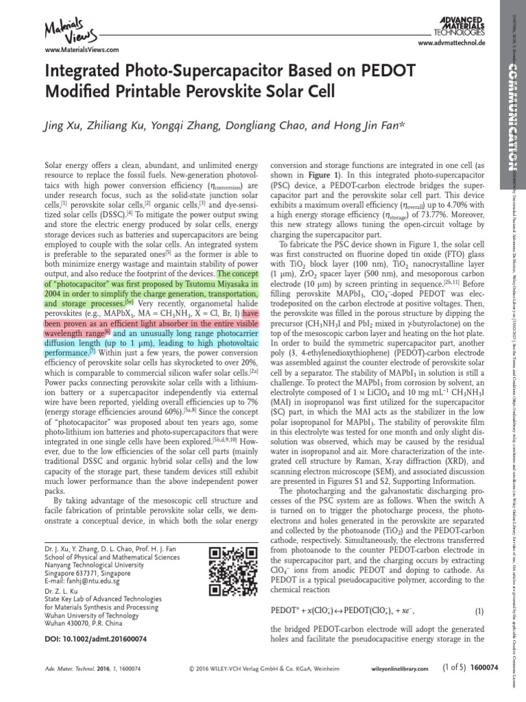 Integrated Photo-Supercapacitor Based On PEDOT Modifi Ed Printable Perovskite Solar Cel | PDF ...
