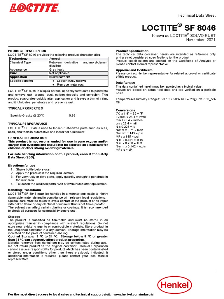 Loctite SF 8046: Technical Data Sheet | PDF | Product Liability | Rust