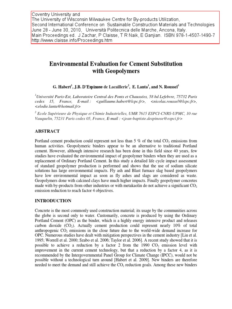 2010 Envt. Evaluation of Cement Replacement by Geopoymer | PDF ...