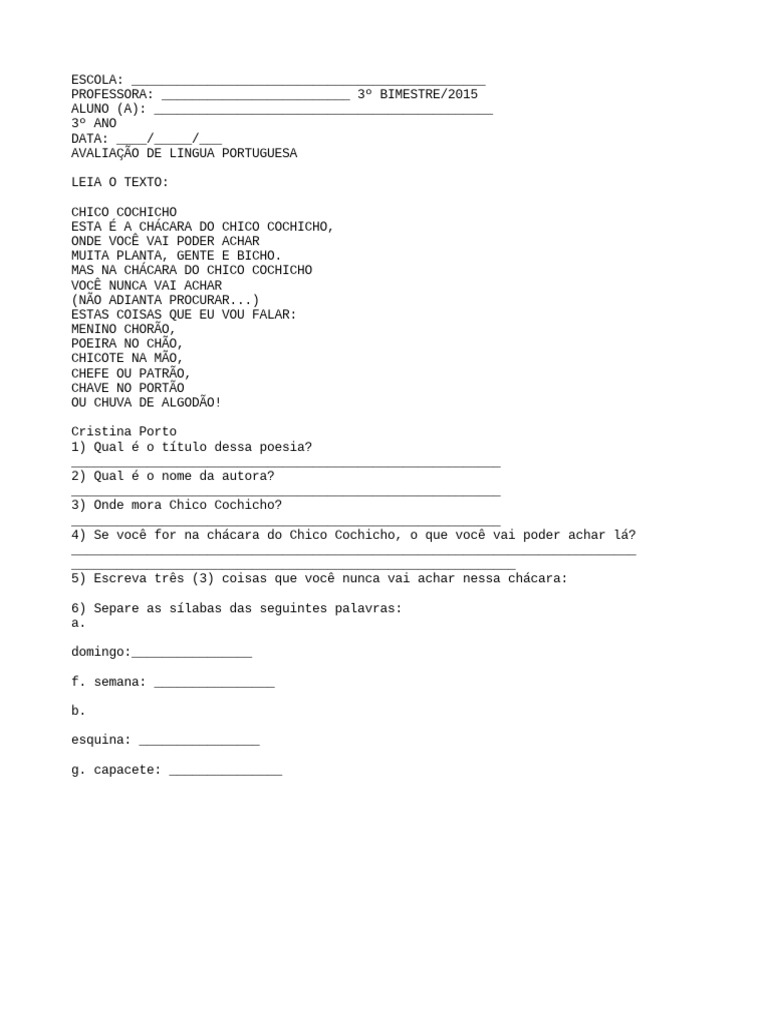 Prova III Bimestre 3º Ano Portugues | PDF | Linguística