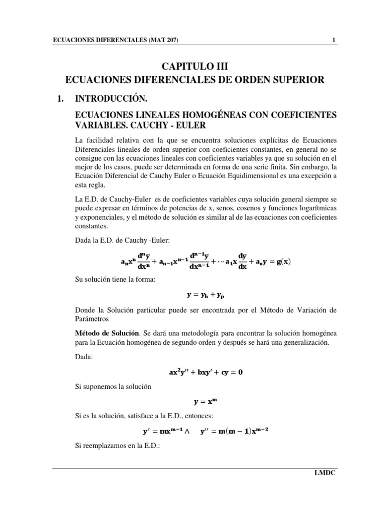 CAP3 Cauchy Euler | PDF | Ecuaciones | Ecuaciones diferenciales CAP3 Cauchy Euler | PDF | Ecuaciones | Ecuaciones diferenciales