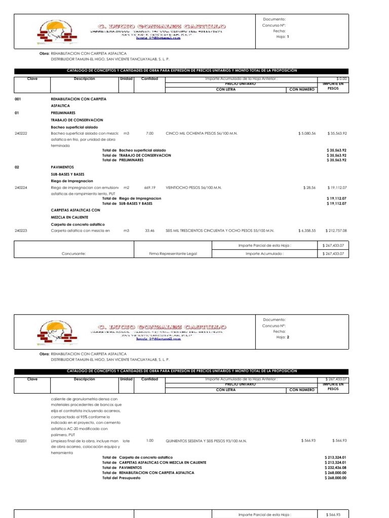 Catálogo de Conceptos Y Cantidades de Obra para Expresión de Precios ...