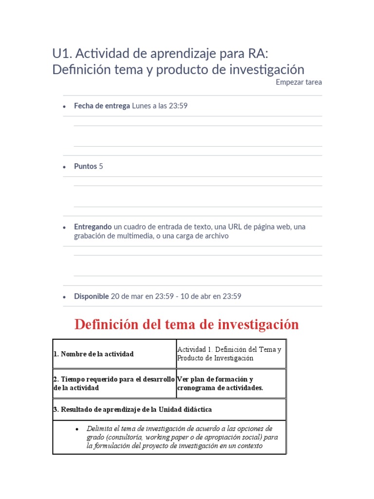 Actividad 1 Definición Tema y Producto de Investigación | PDF ...