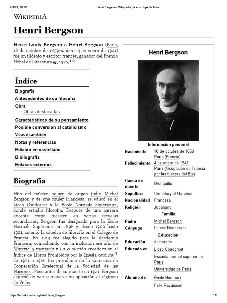Henri Bergson - Wikipedia, La Enciclopedia Libre | PDF | Henri Bergson ...
