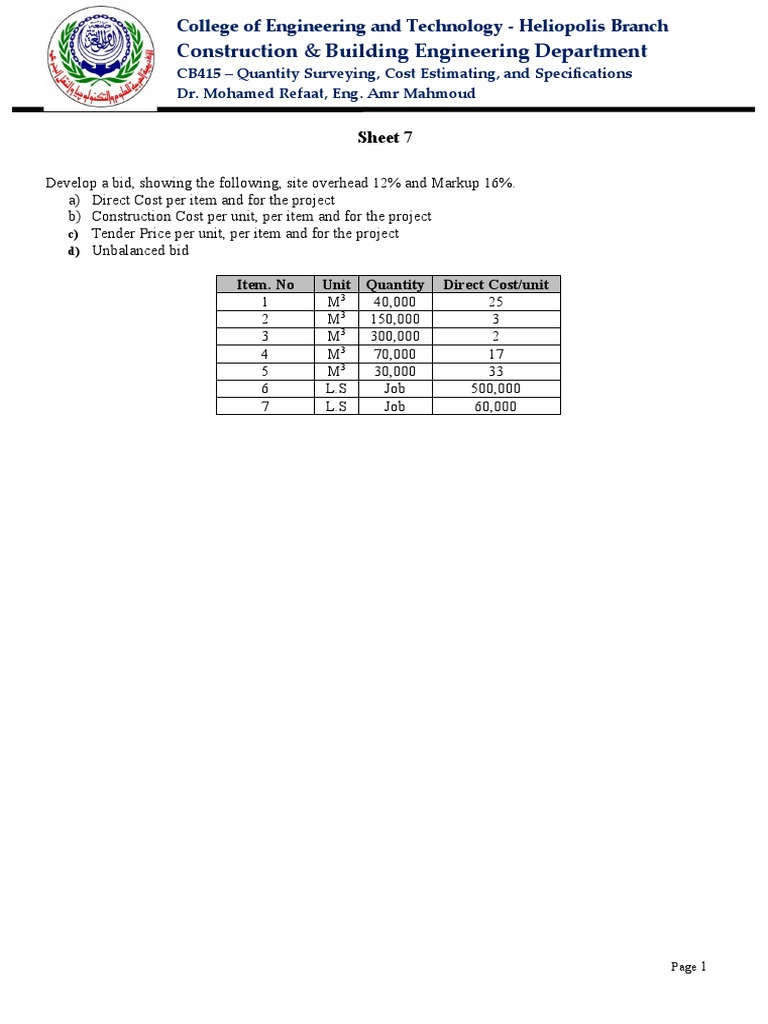 Construction & Building Engineering Department: Sheet 7 | PDF | Business