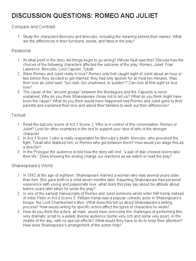 Discussion Qs Romeo and Juliet | PDF | Romeo And Juliet | Characters In ...