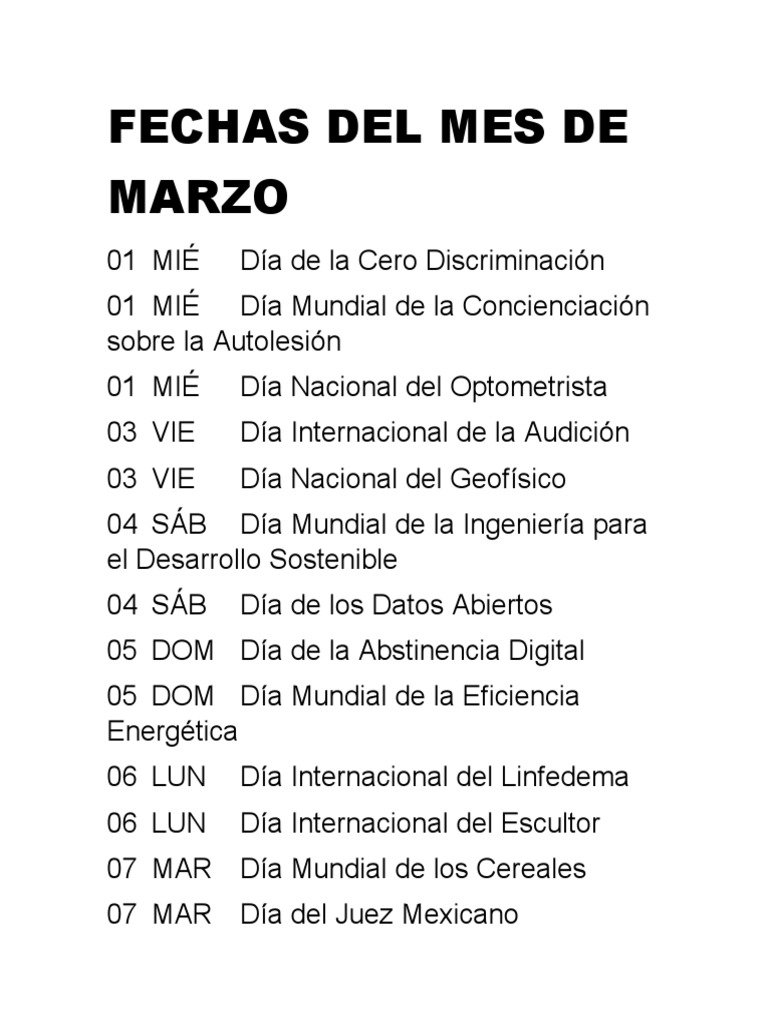 Fechas Conmemorativas Del Mes de Marzo | PDF
