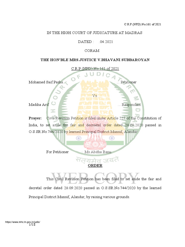 The Hon'Ble Mrs - Justice V.Bhavani Subbaroyan: C.R.P. (NPD) .No.161 of 2021 | PDF | Divorce ...