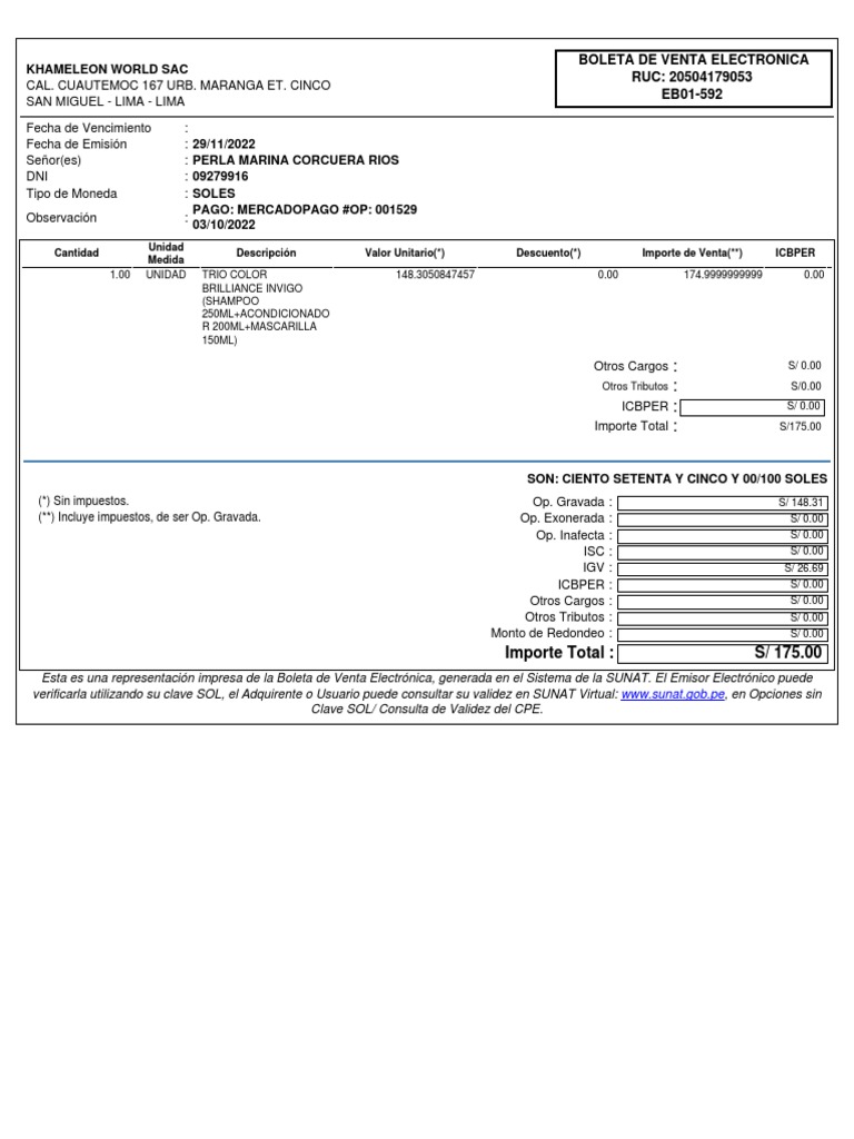 Boleta de Venta Electrónica SUNAT | PDF