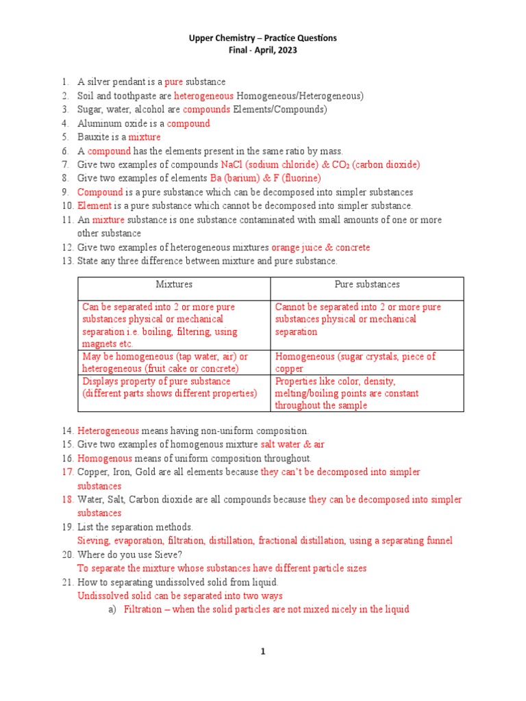 Upper Final-Practice Questions - April 2023 Ans Key | PDF | Mixture ...