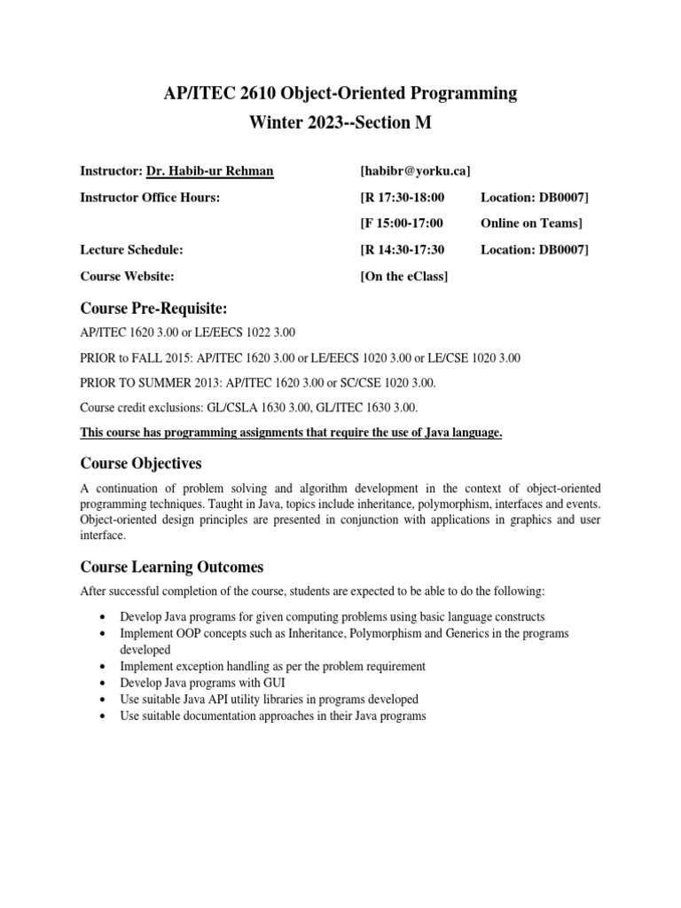 Itec2610 Course Outline W23 M Pdf Object Oriented Programming Java Programming Language