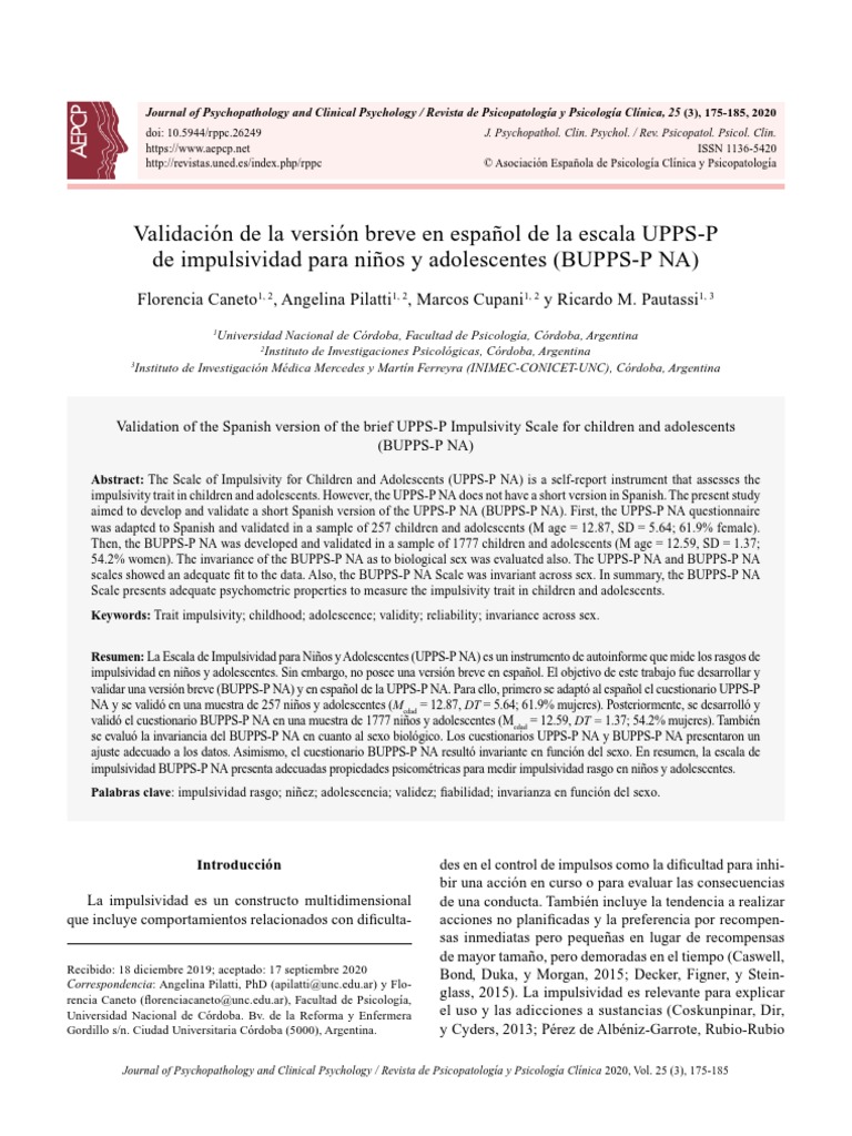Validación de La Versión Breve en Español de La Escala UPPS-P de ...