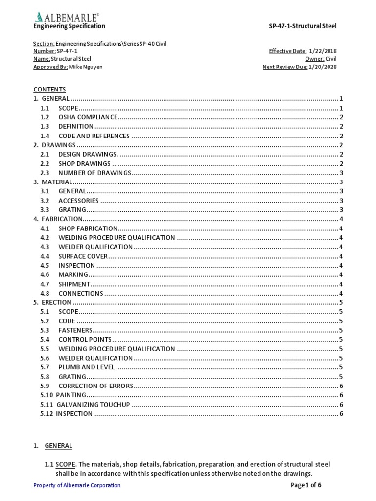 Specifications for Structural Steel Materials, Fabrication, and Erection for Albemarle ...