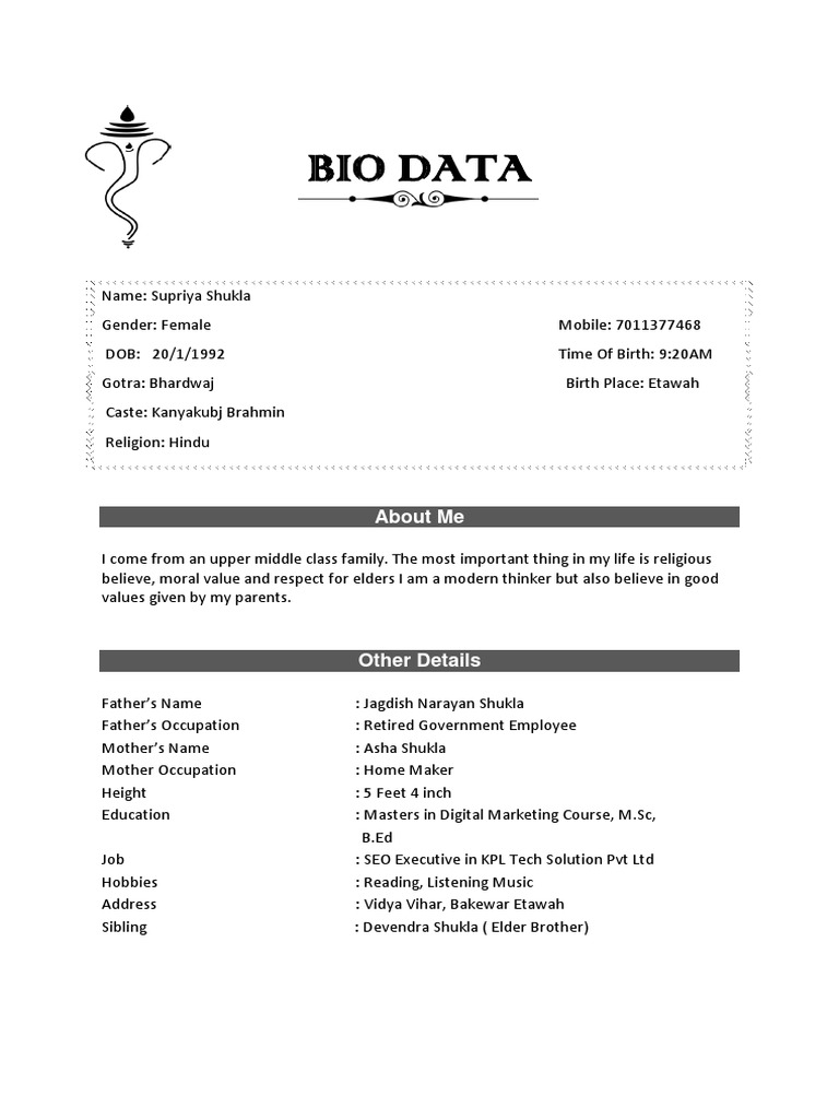 Supriya Shukla's Personal Biodata | PDF | Social Science | Wellness