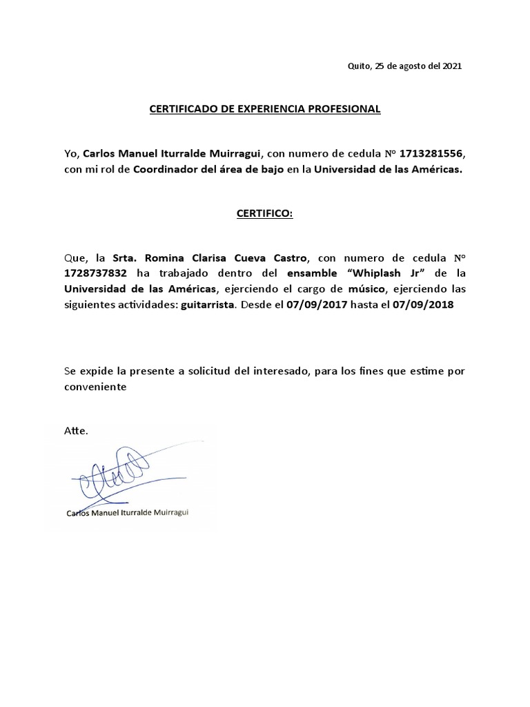 Certificado de Experiencia Profesional 1713281556,: Quito, 25 de Agosto Del 2021 | PDF