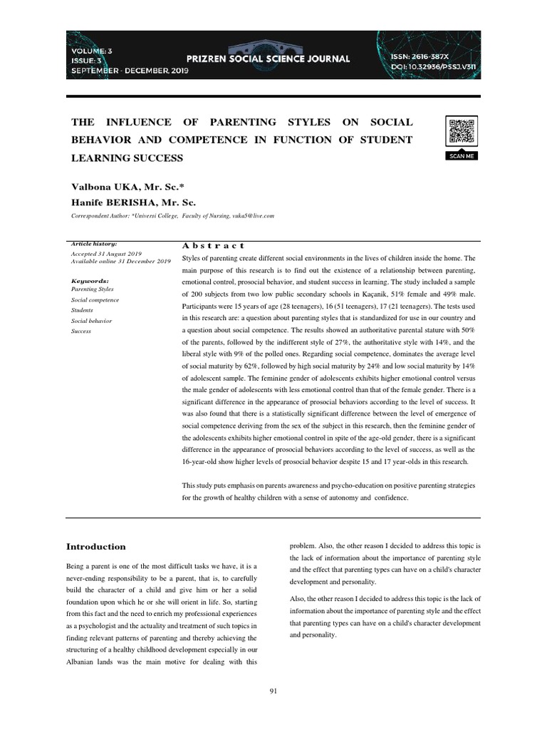 The Influence of Parenting Styles On Social Behavior and Competence in ...