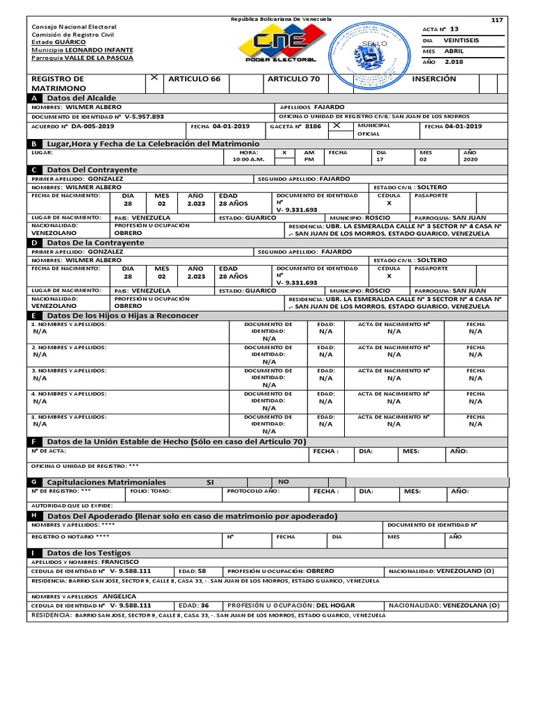 Acta de Matrimonio | PDF | Certificado de nacimiento | Venezuela