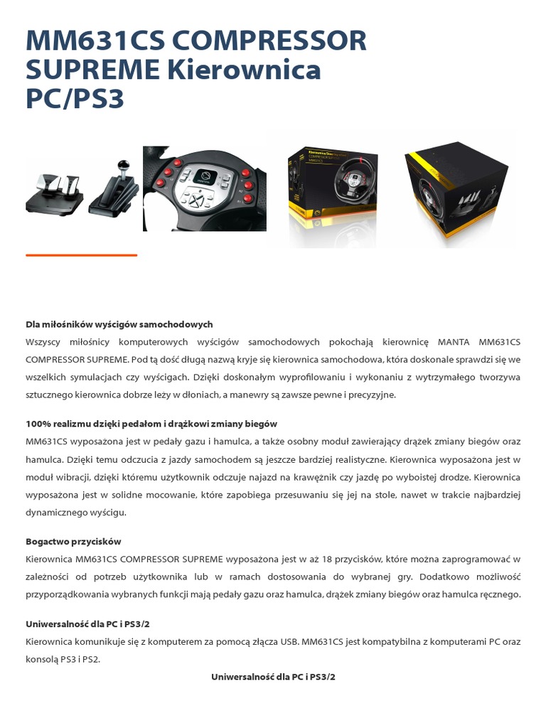 Karta Produktu MM631CS COMPRESSOR SUPREME Kierownica PC - PS3 | PDF