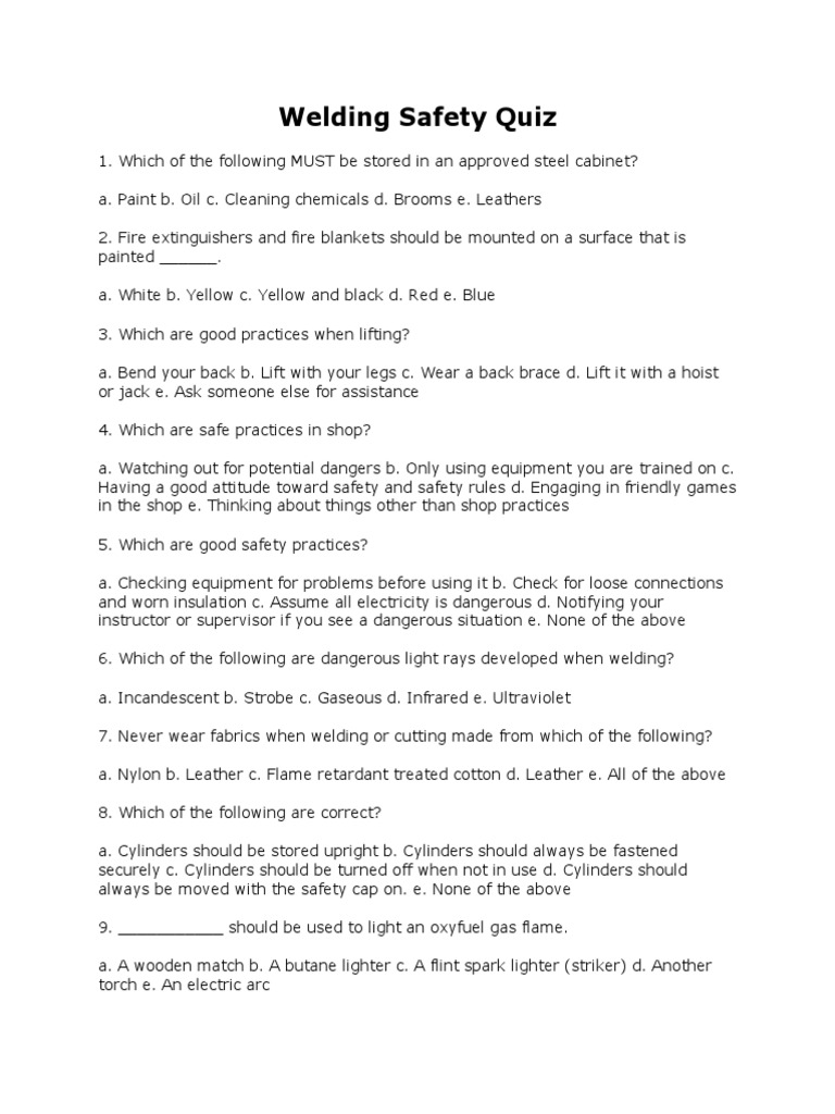 Welding Safety Quiz for Best Practices | PDF | Welding | Construction
