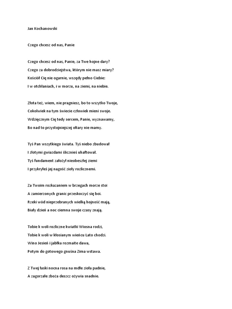 Jan Kochanowski (Czego chcesz od nas, Panie) | PDF