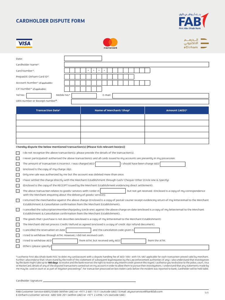 FAB Cardholder Dispute Form | PDF | Credit Card | Debit Card