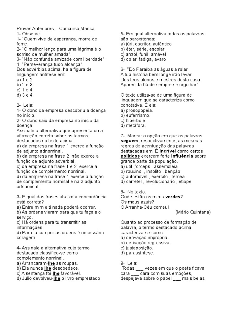Provas Anteriores Maricá | PDF | Assunto (gramática) | Pronome