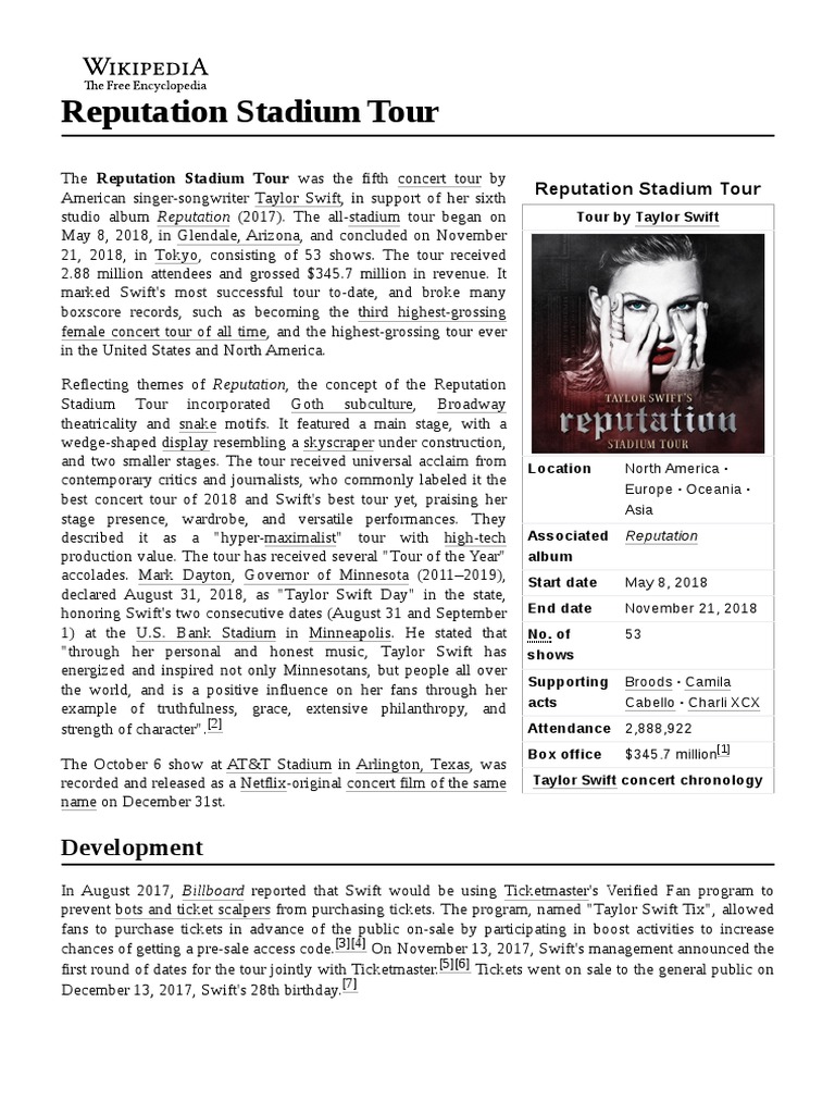 Reputation Stadium Tour | PDF | Taylor Swift