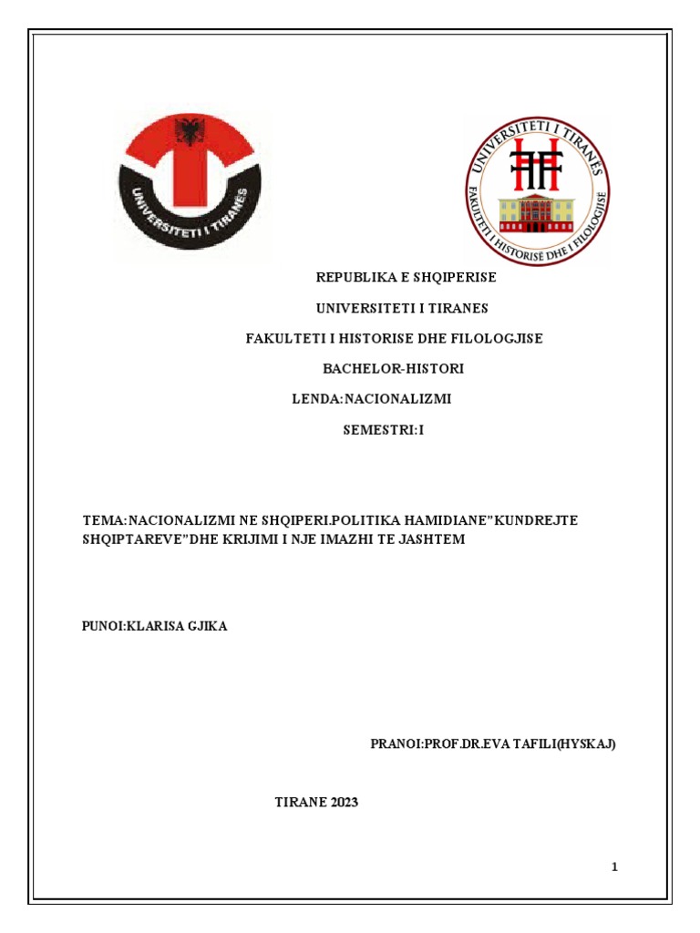 Republika E Shqiperise Universiteti I Tiranes Fakulteti I Historise Dhe Filologjise Bachelor ...