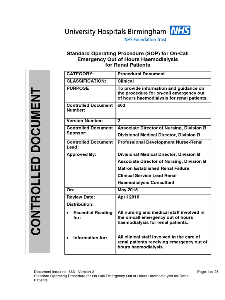 Standard Operating Procedure (SOP) For On-Call Emergency Out of Hours ...
