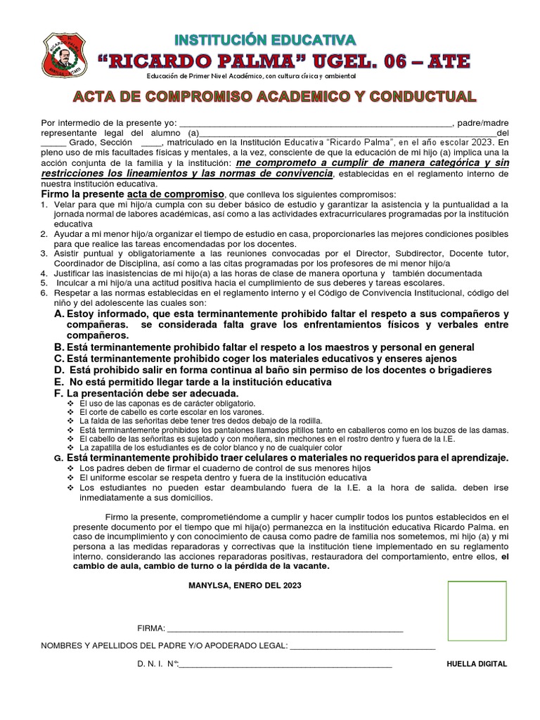 ACTA DE COMPROMISO ACADEMICO y Conductual 2023 | PDF | Institución