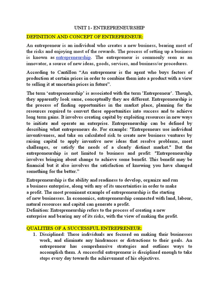 UNIT 1 Entrepreneurship | PDF | Entrepreneurship | Startup Company