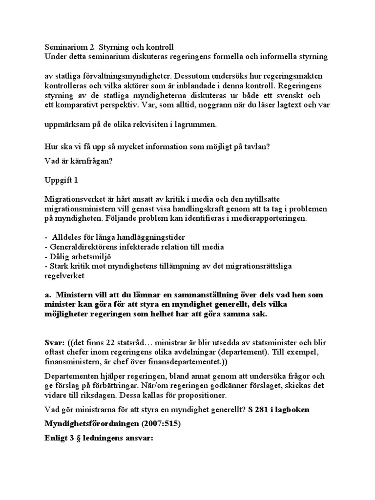 Seminarium 2 Styrning Och Kontroll | PDF