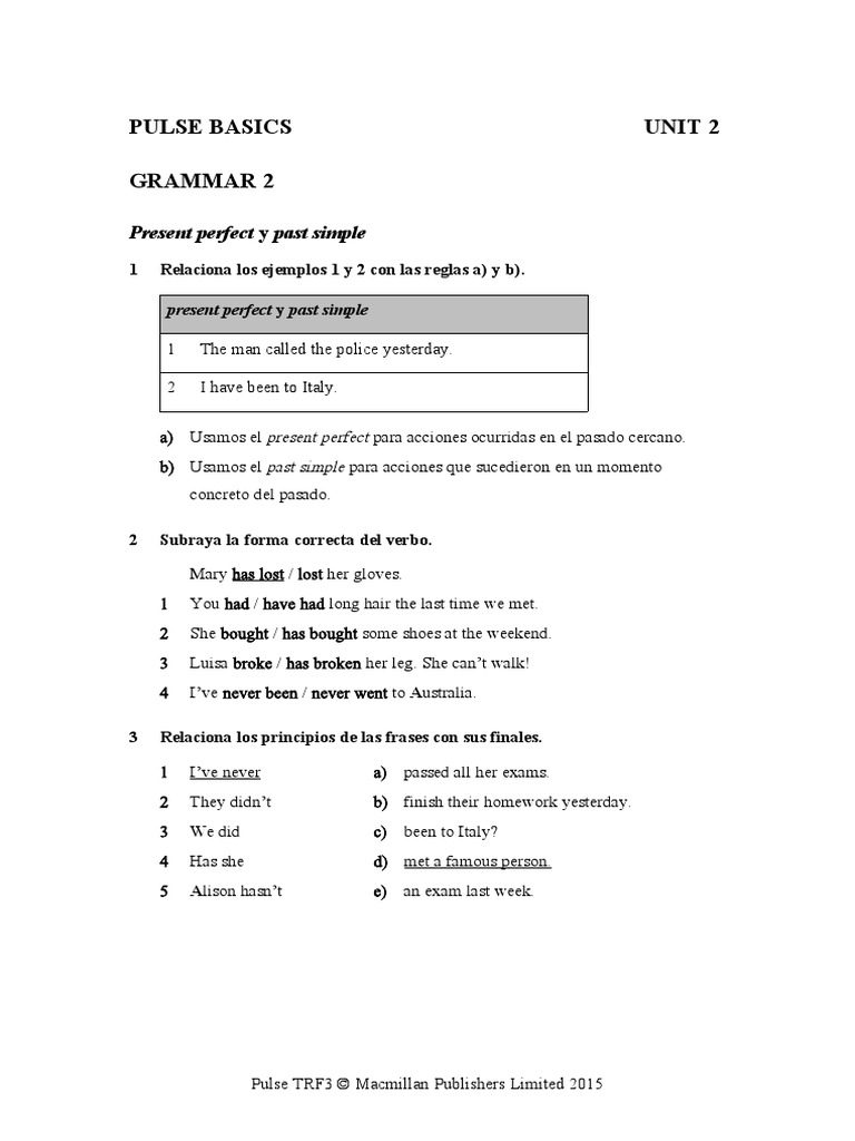 Pulse Basics Unit 2 Grammar 2: Present Perfect y Past Simple | PDF