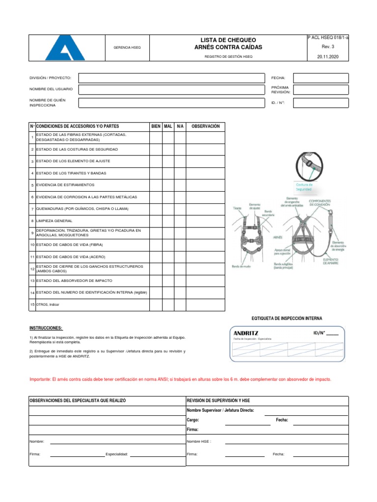 Lista de Chequeo Arnes | PDF
