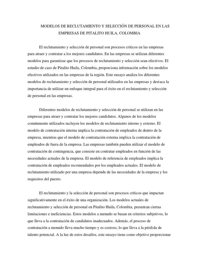 Modelos de Reclutamiento y Selección de Personal en Las Empresas de ...