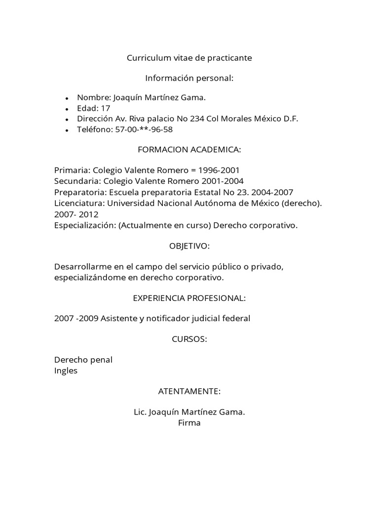 Curriculum Vitae de Practicante | PDF