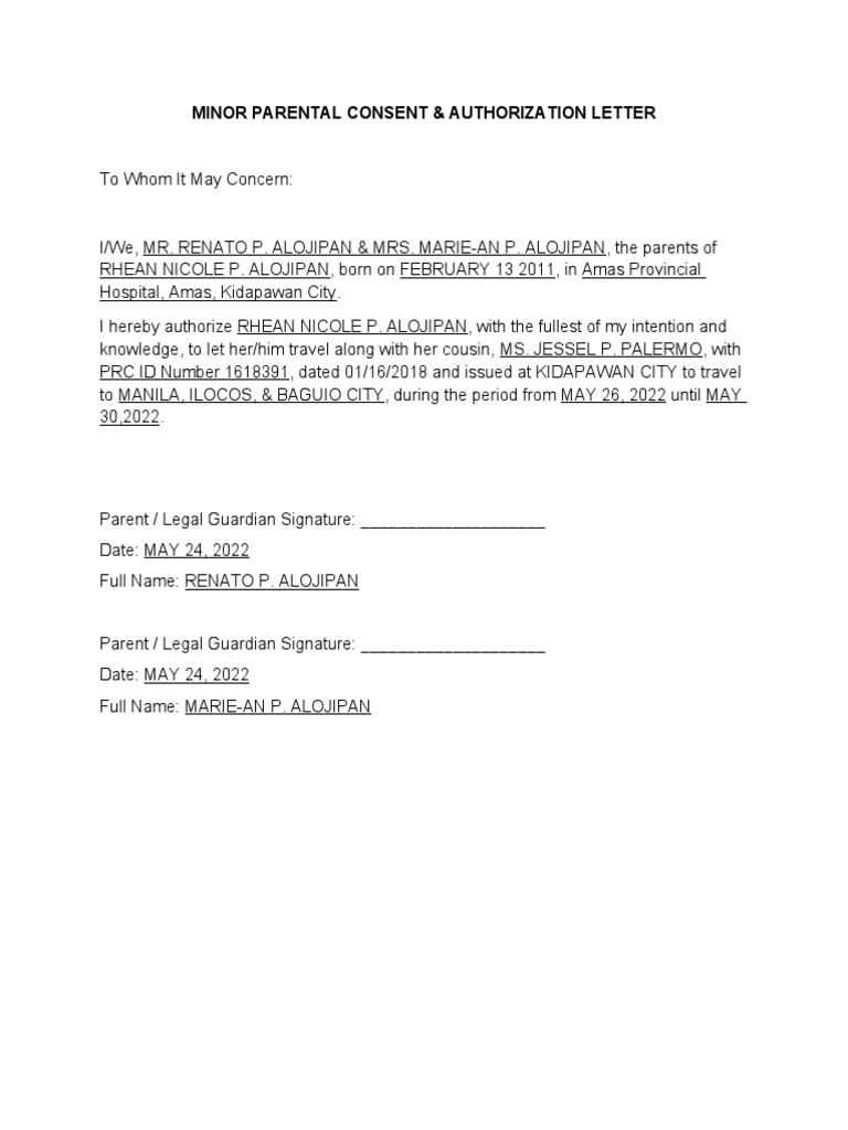 Minor Parental Consent & Authorization Letter | PDF