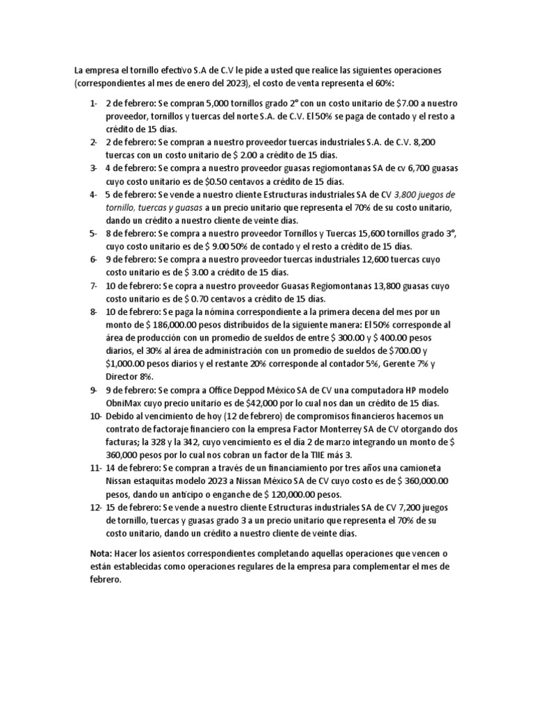 Tornillo, Tuercas y Guasas A Un Precio Unitario Que Representa El 70% ...