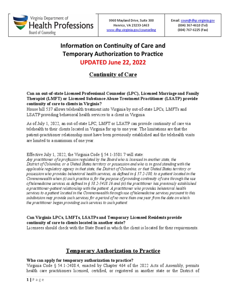 Counseling_ContinuityCareTempAuthorization | PDF | Health Care | Social Programs