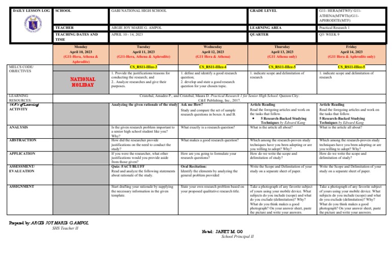 Daily lesson log for G11 research classes | PDF | Methodology | Science