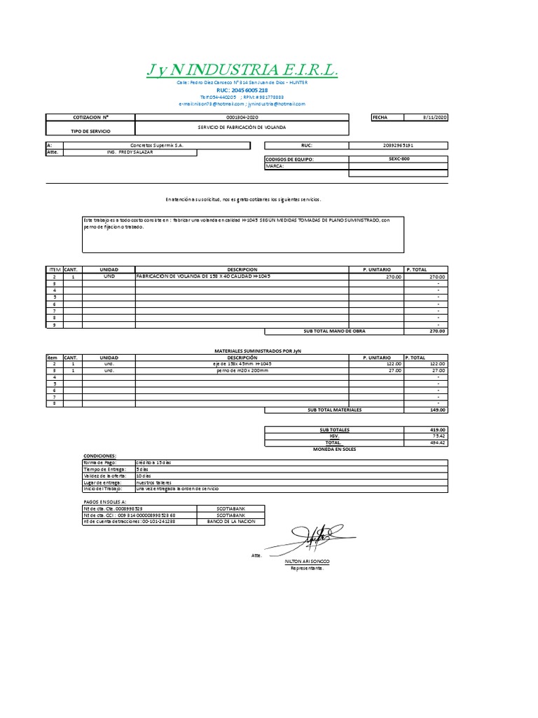 JyN INDUSTRIA Servicio 1304 Fabrticaciòn de Volanda SEXC-800 | PDF